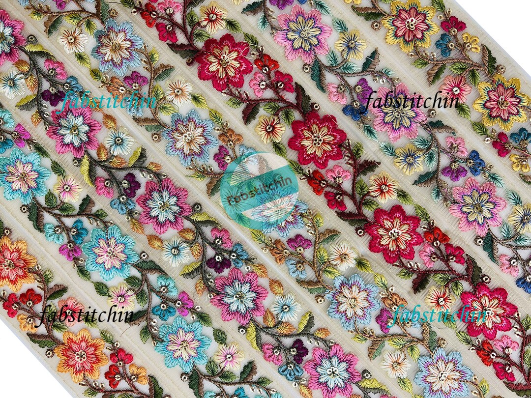 Flower Embroidery Ribbon Net Fabric Saree Border Indian Lace Trim, Sari ...