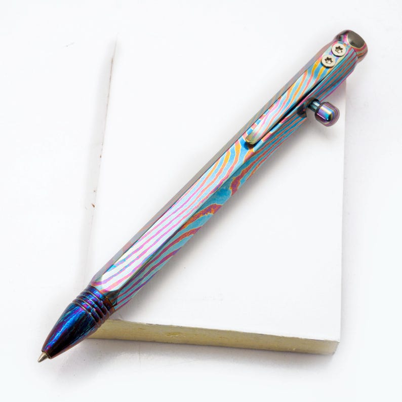 Rainbow Timascus Bolt Action Pen • Titanium Damascus EDC Pen • Handmade ...