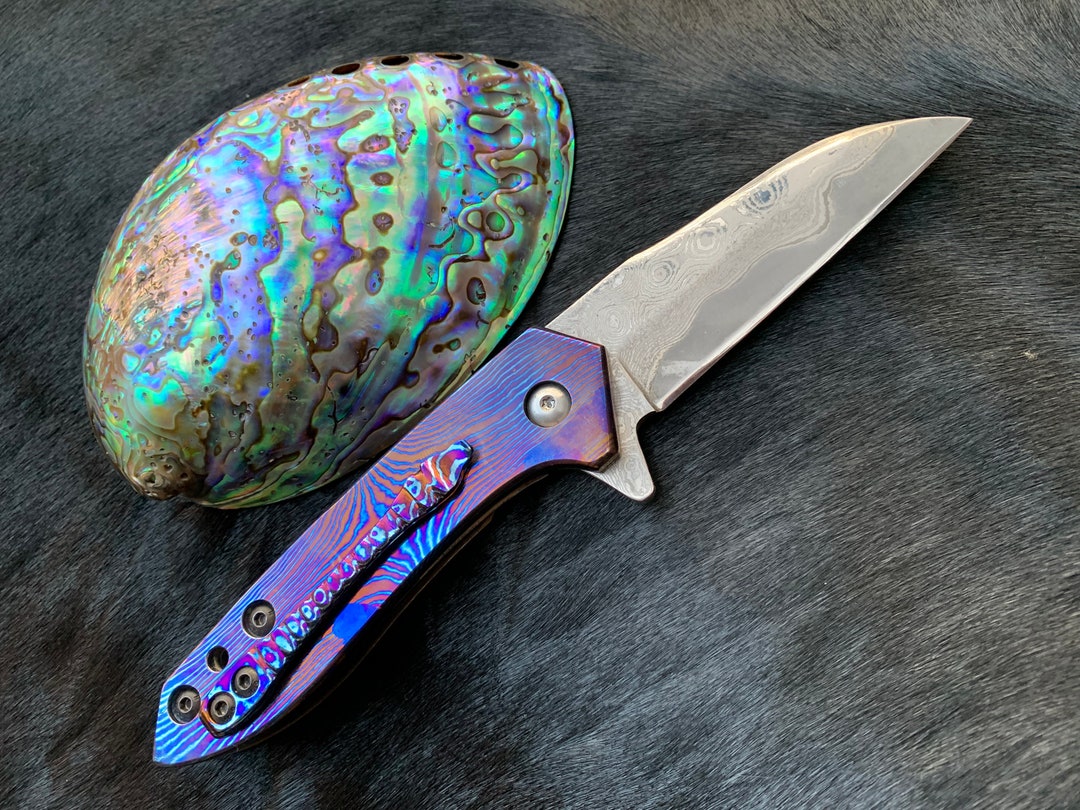 Timascus Flipper Knife | Sanmai Blade, Mokuti Scales & Pocket Clip - Etsy