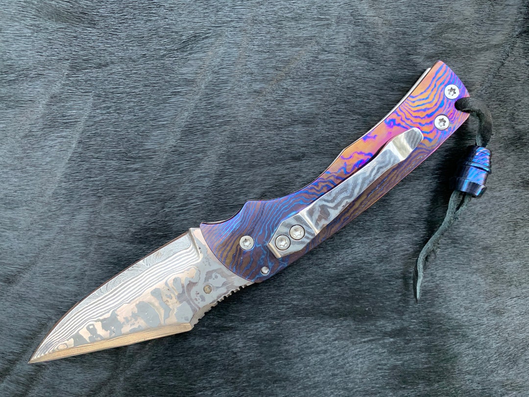 Titanium Damascus EDC Pocket Knife, Detent Ball Slip Joint Cumai Blade ...