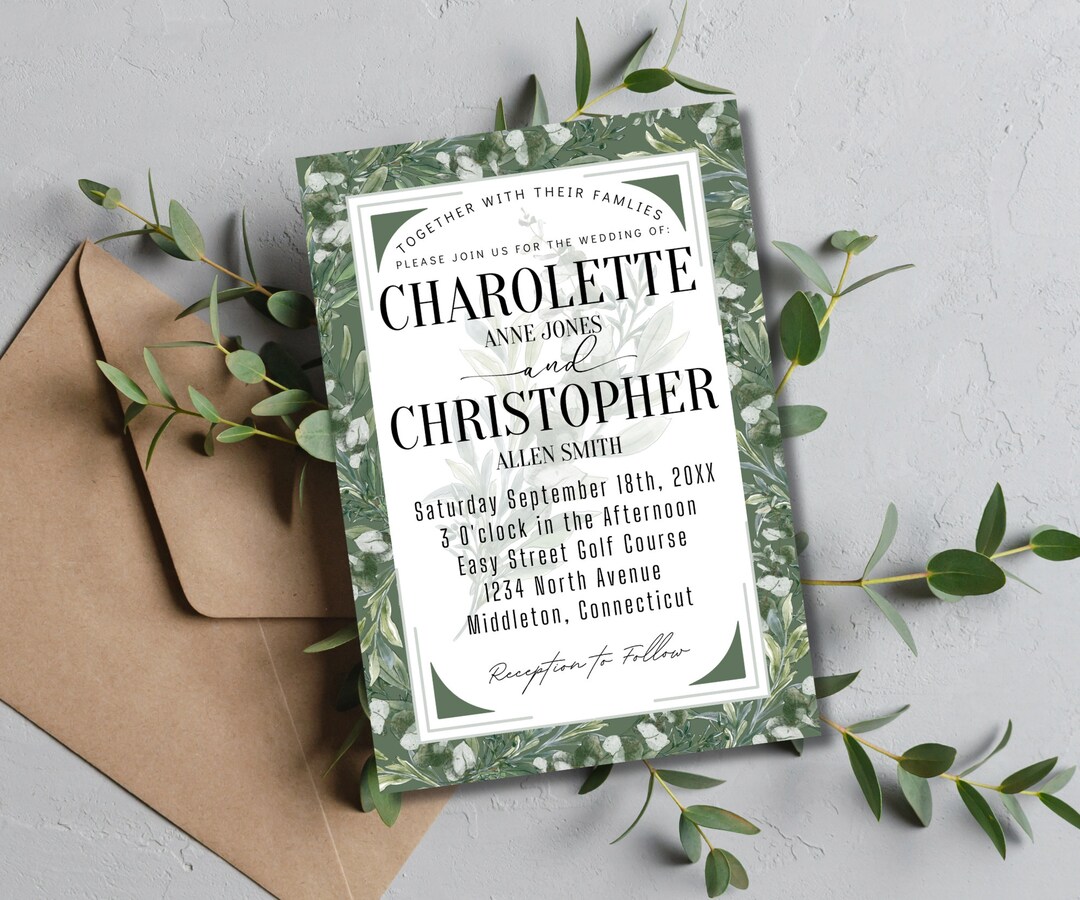 Green Leaves Invitation Template - Etsy