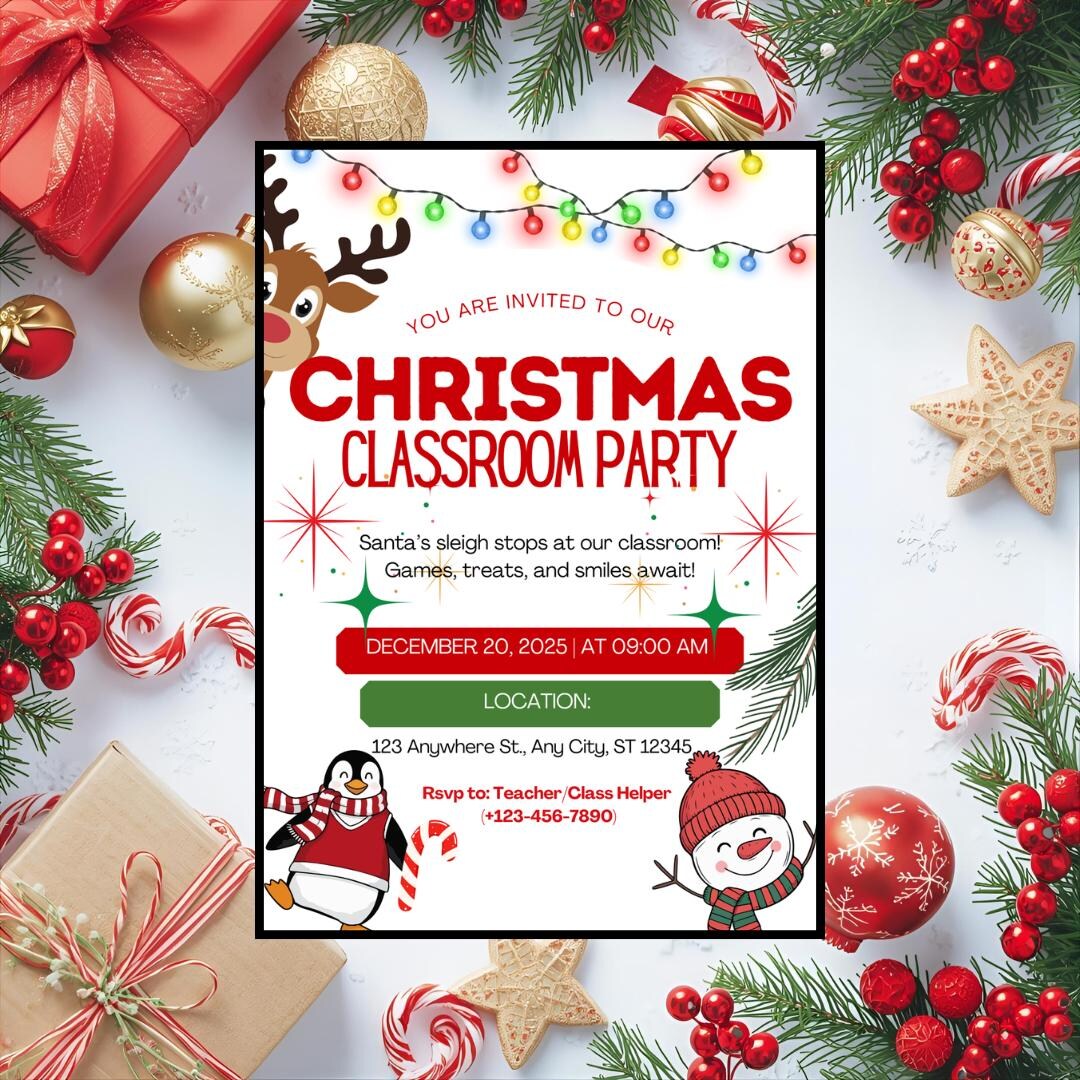 Christmas Classroom Party Invitation | Editable Canva Template - Etsy