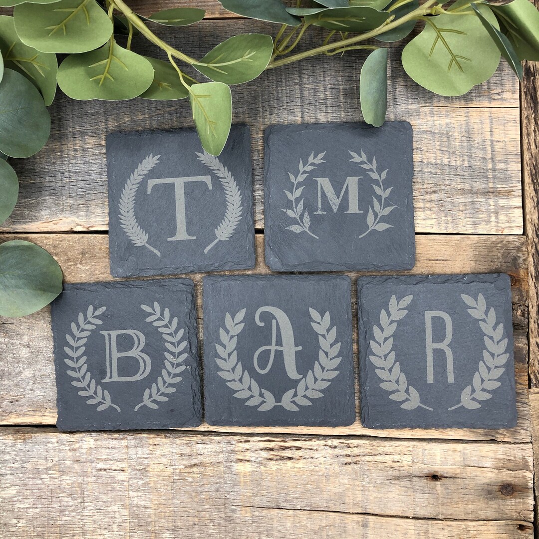 Set of 4 Custom Engraved Slate Monogram Coasters - Etsy