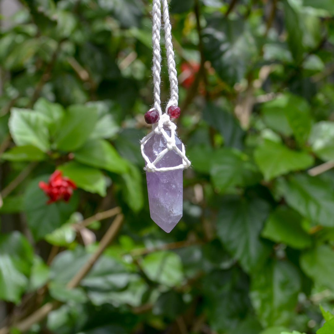 Amethyst and Garnet Macrame Bamboo Necklace - Double Terminated ...