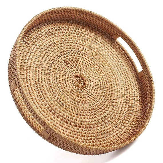 Hand Woven Round Rattan Serving Tray Decorative Woven Ottoman - Etsy