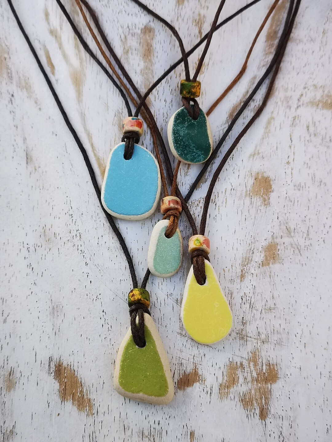 Beach Pottery Necklace, Boho Pendant, Adjustable Cotton Cord - Etsy
