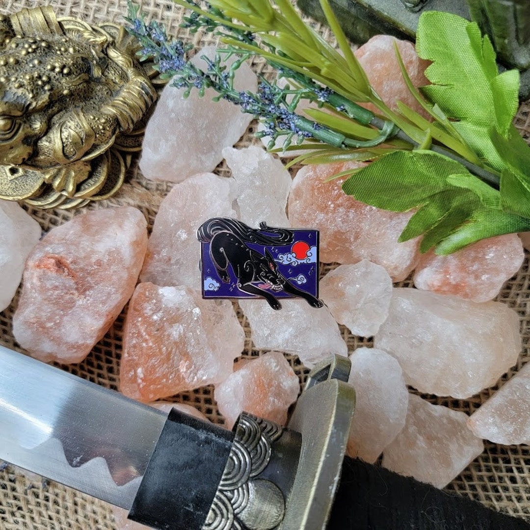 Feral Inugami Red Moon Enamel Pin - Yokai Enamel Pin, Japanese Folklore ...