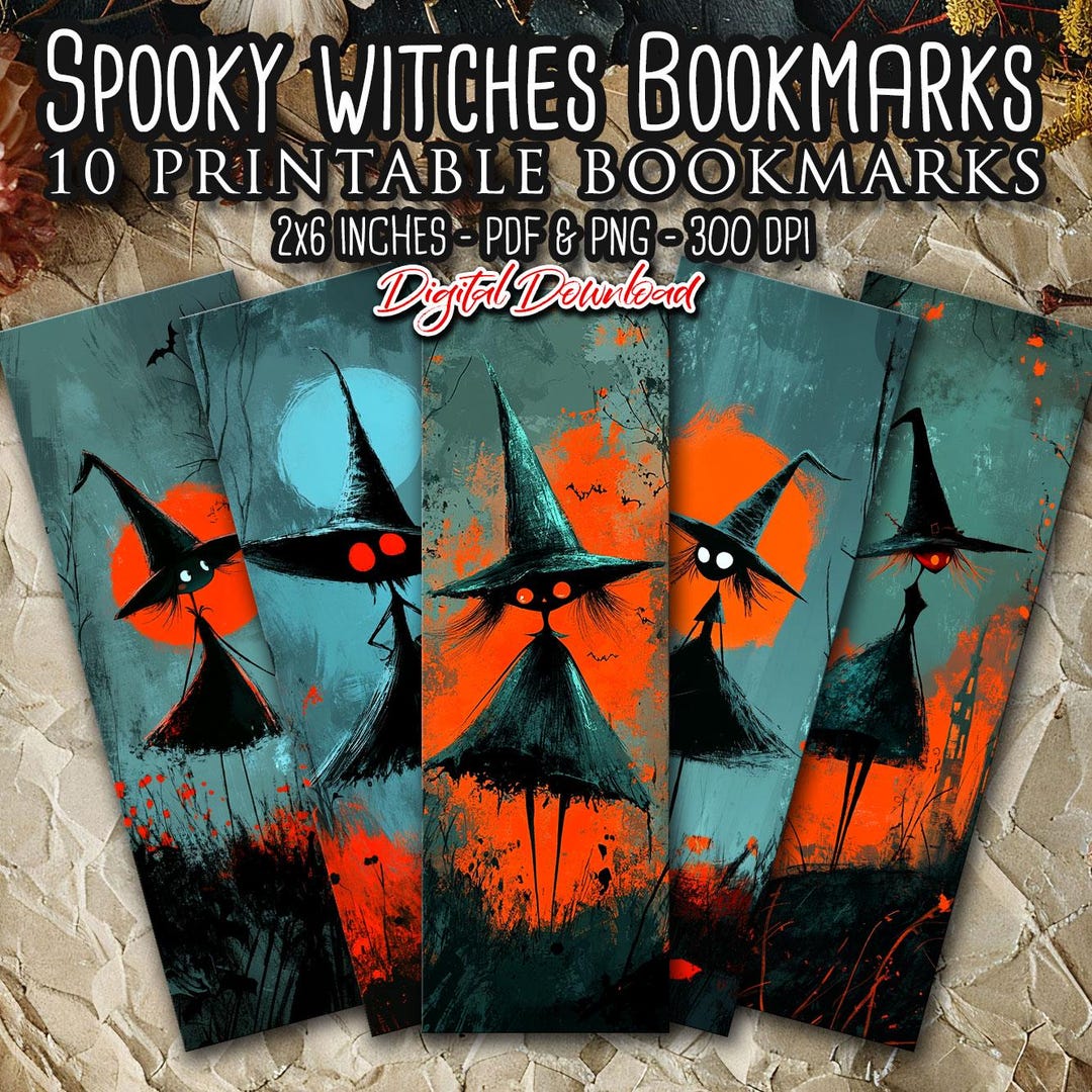 10 Spooky Witches Printable Bookmarks, Witch Bookmark Set, PNG Bookmark ...