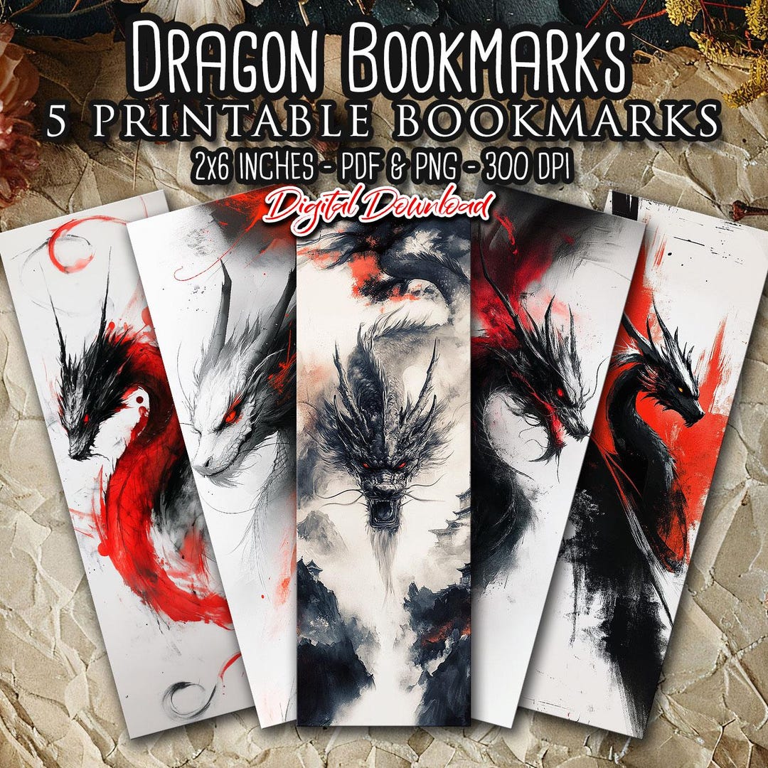 Fantasy Dragon Bookmarks: Reader Gift, Scrapbooking (PNG, PDF Digital ...