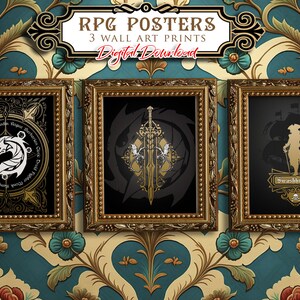 Set of 3 RPG Posters, Black & Gold, Gamer Art, Wall Art Print ...