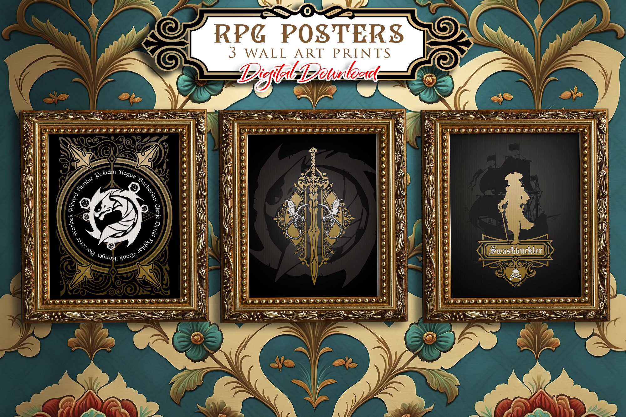 Set of 3 RPG Posters Black & Gold Gamer Art Wall Art Print - Etsy