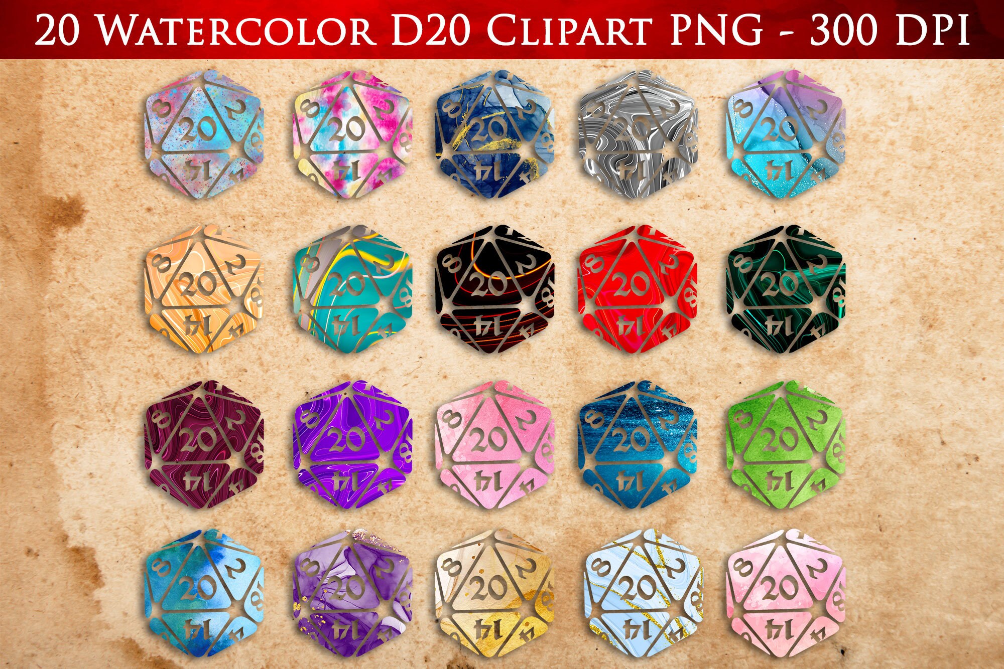 D20 Watercolor Clipart RPG Dice Png 20 Polyhedral Dices - Etsy