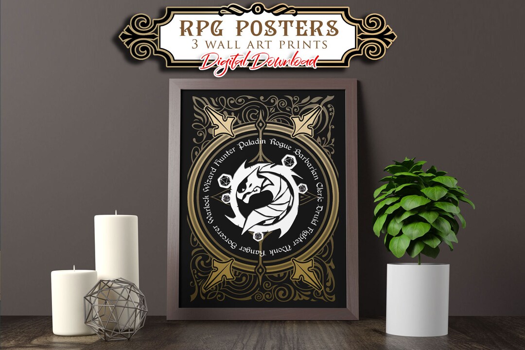 Set of 3 RPG Posters, Black & Gold, Gamer Art, Wall Art Print ...