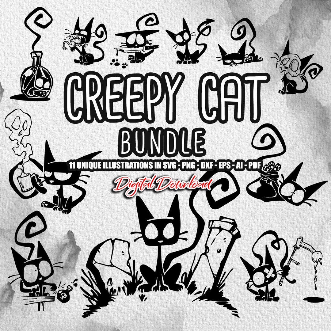 Creepy Cat SVG BUNDLE, Cartoon Cat Illustration, Black Cat Svg ...