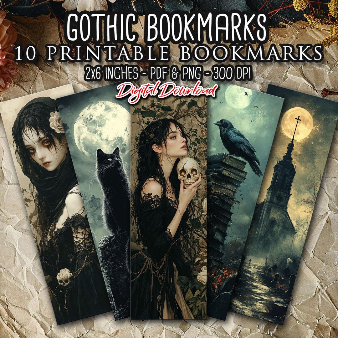 10 Gothic Printable Bookmarks, Witch Bookmark Set, PNG Bookmark ...