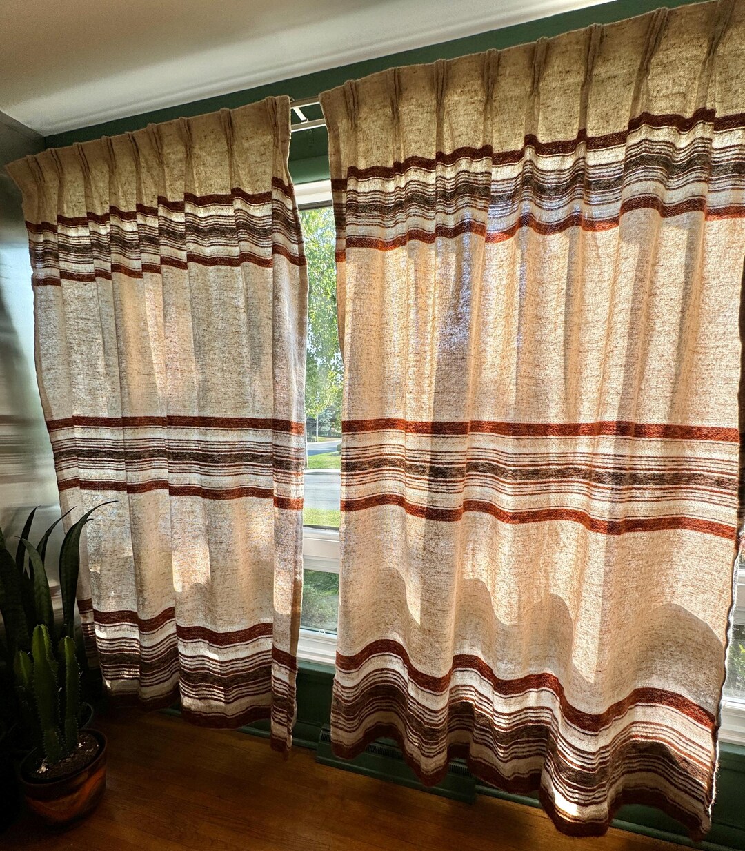 Vintage 70s Pleated Curtain, Brown, Beige Stripes, Thick Woven Panel ...