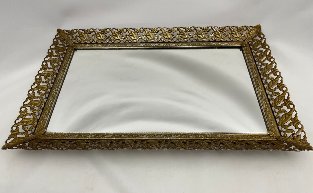 Vintage Rectangle Mirror Tray, Filigree Metal Ornate Gold Frame, Laced ...