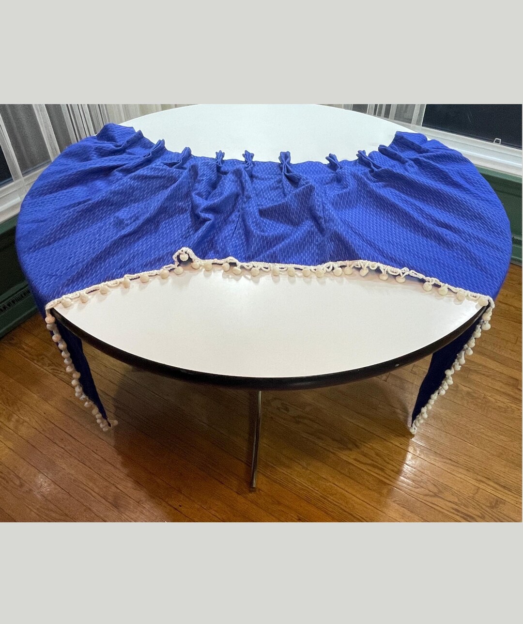 Vintage 70s Pleated Valance Curtain, Electric Blue With White Pompoms ...