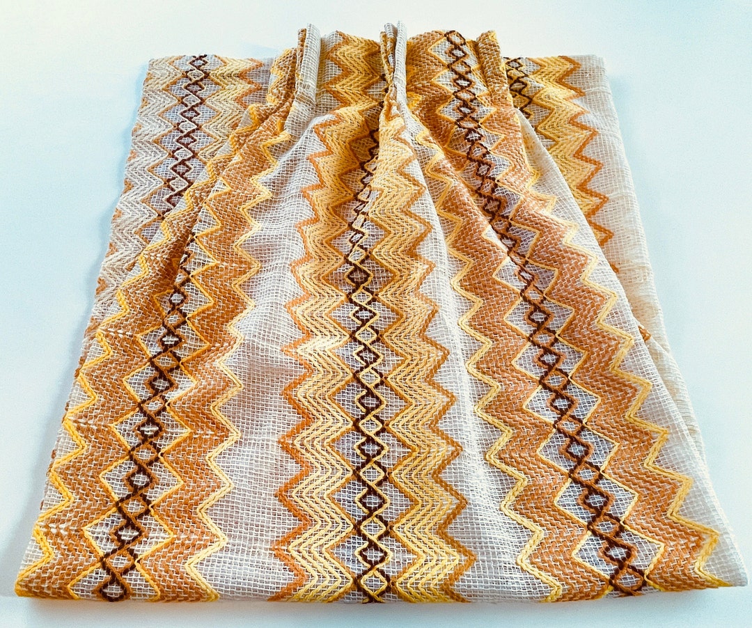 Vintage 70s Pleated Curtain, Yellow, Orange Brown Net Woven Panel ...