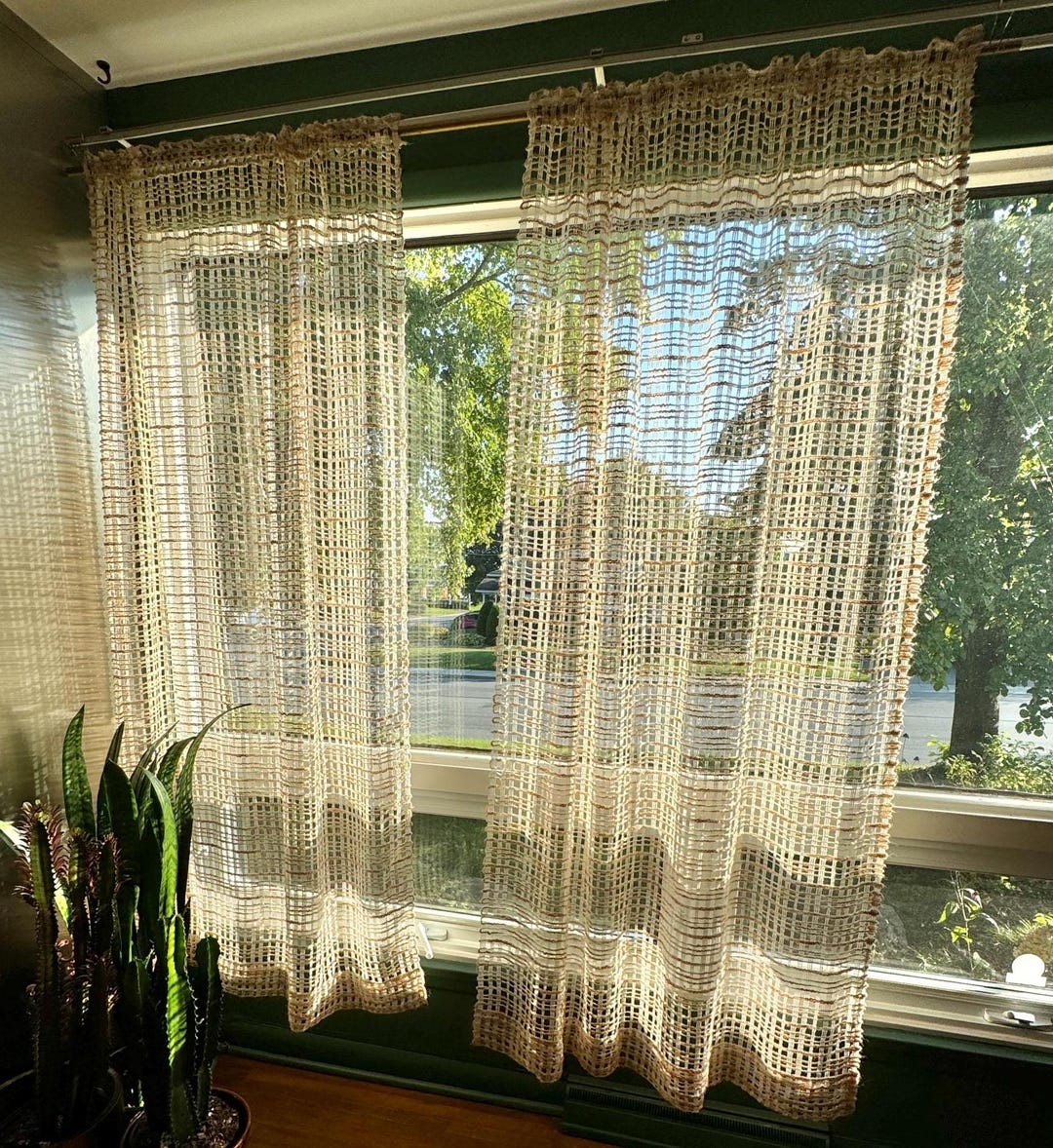 Vintage 70s Net Woven Curtain, Long Cream & Tan Woven Mesh, 1970s Rod ...