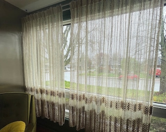 Vintage 70s Net Woven Curtain, Beige Large Mesh, 1970s Pleated Boho ...