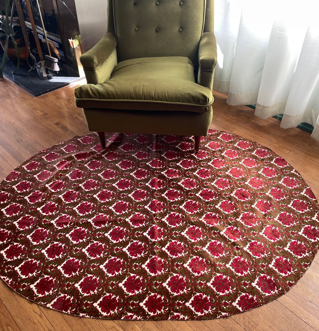 Vintage 50s Velvet Area Rug, Cisele Velvet, Velours Olive Green and Hot ...