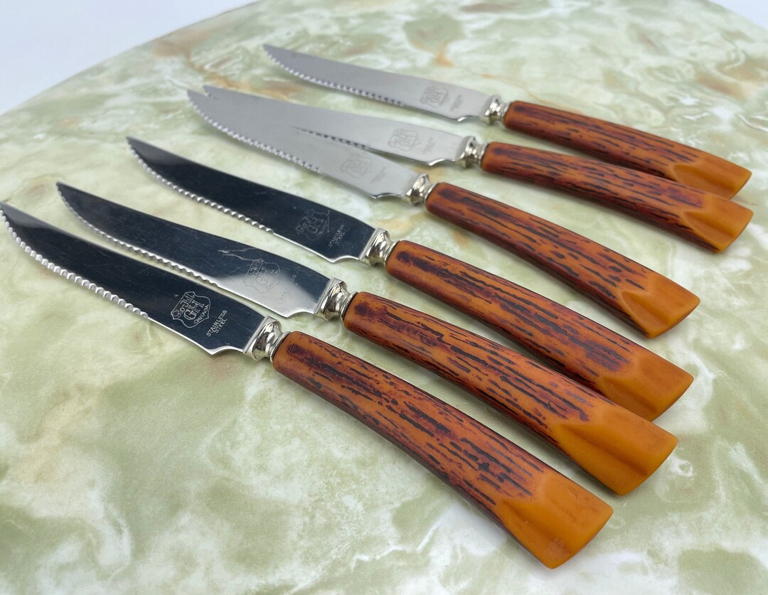 Vintage 1960s Glo Hill Knives Set, Bakelite Faux Antlers Handles, Steak ...