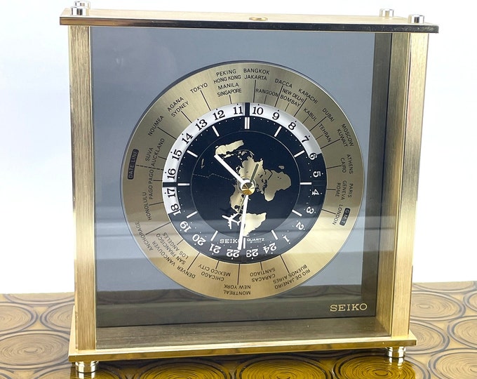 Vintage Seiko World Time Clock, Brass Seiko Desk Clock, International ...