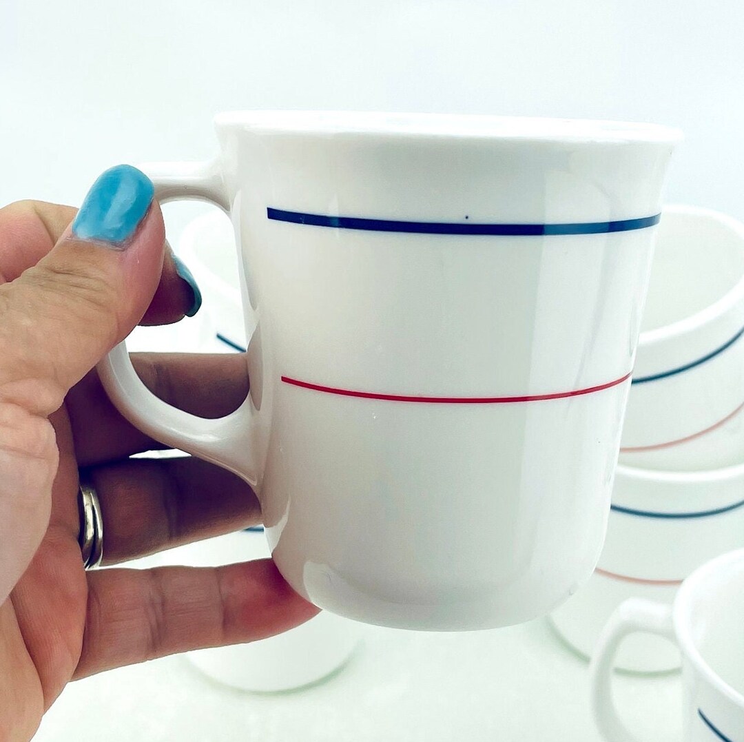 Pair of Vintage Corning Plymouth Mugs, Red and Blue Striped Glass ...