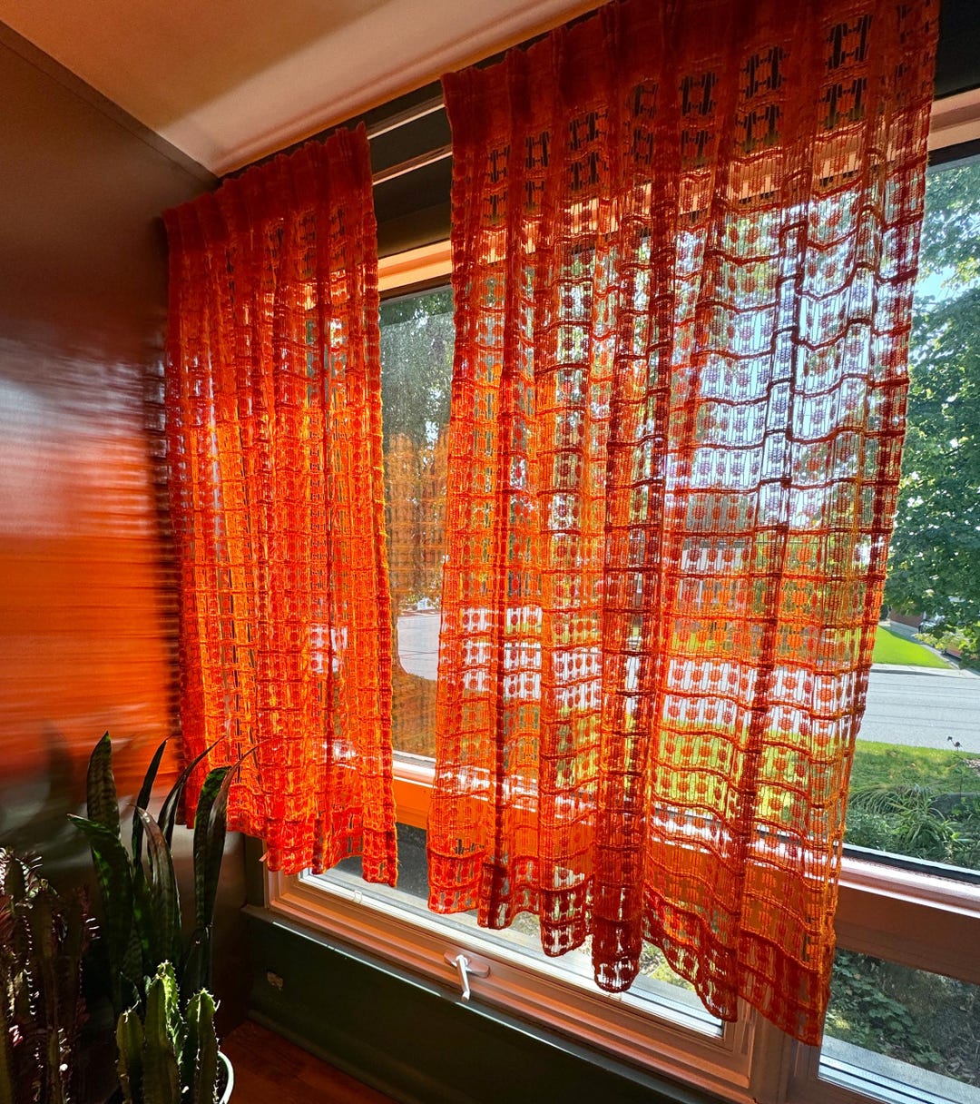 Vintage 70s Net Curtain, Pumpkin Orange Open Weave Mesh Panel, Pleated ...
