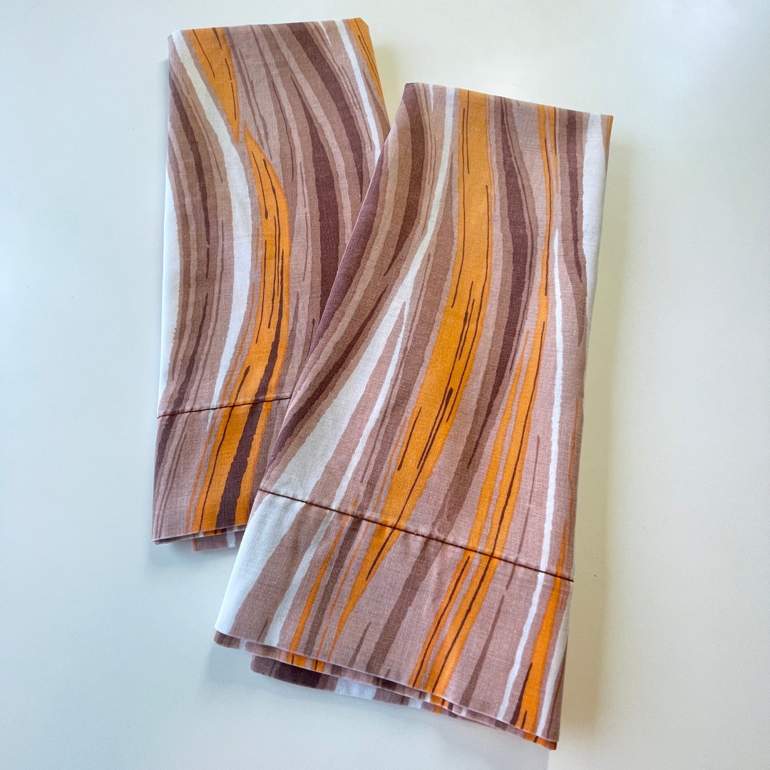 Vintage 70s Pillowcases Set, Brown Orange Wavy Striped Pillow Shams ...