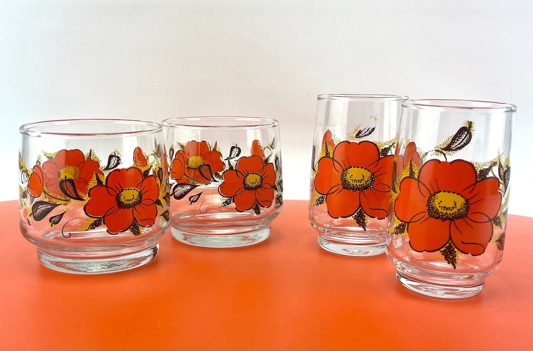 Vintage 70s Drinking Glasses, Orange Flowers Pattern, Dominion Glass Co ...