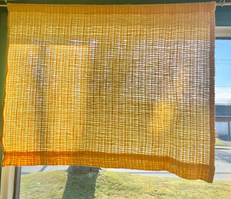 Vintage 70s Net Curtain, Short Single Panel, Yellow Mesh, Sheer Open ...