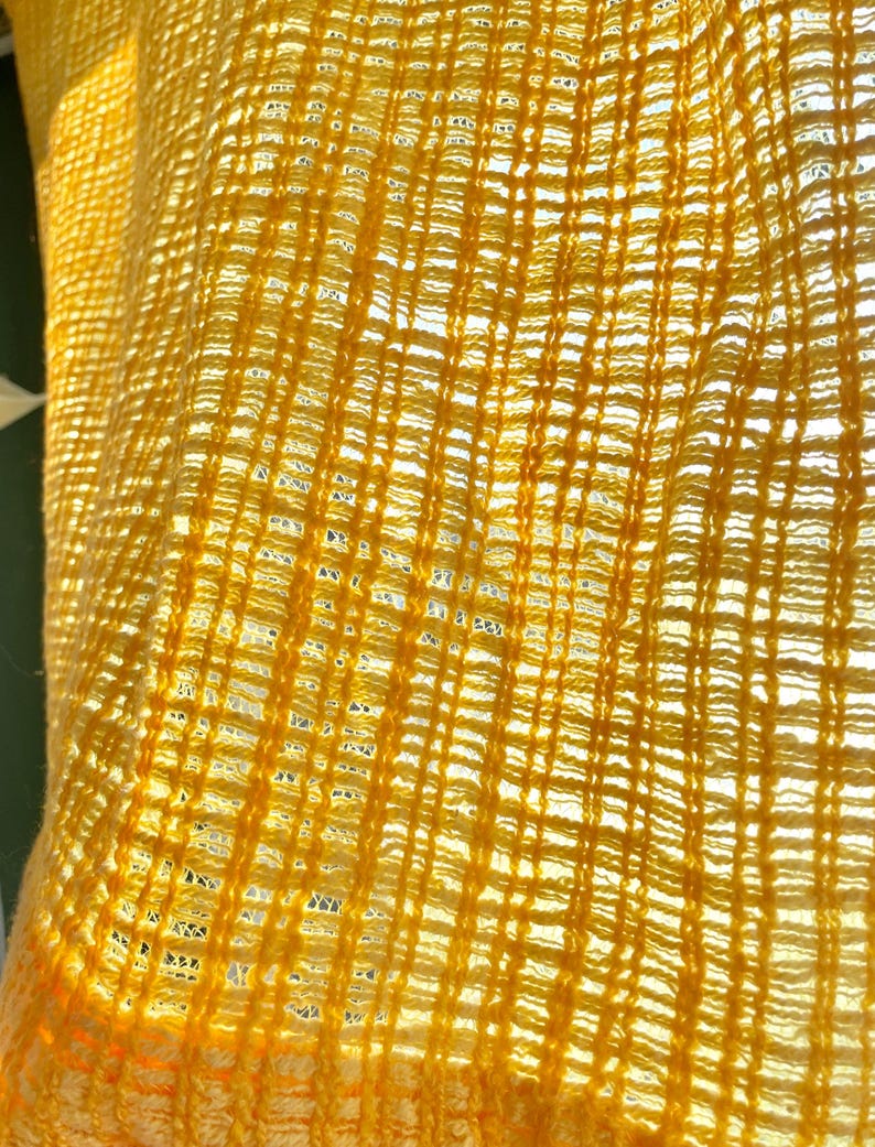 Vintage 70s Net Curtain, Short Single Panel, Yellow Mesh, Sheer Open ...