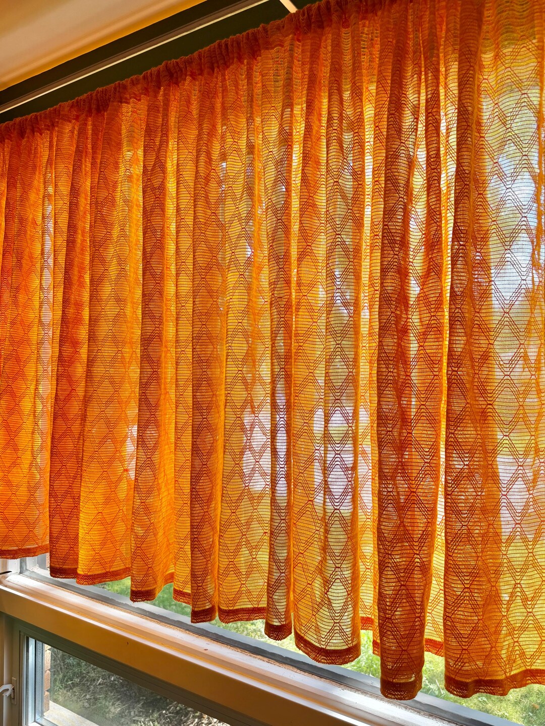 Vintage 70s Orange Curtain, Oversized Mesh Net, Geometric Pattern ...