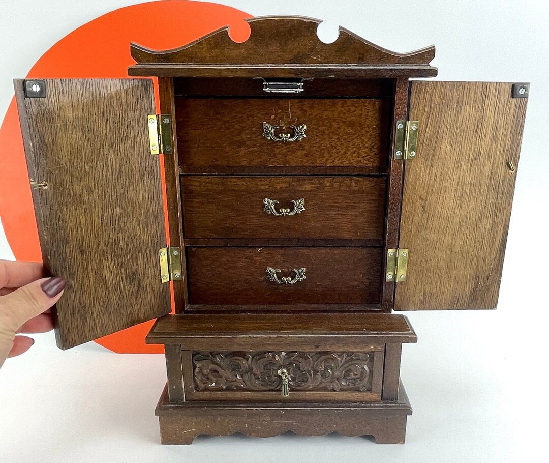 Vintage 70s Musical Jewelry Box, 4 Containers Wooden Jewelry Organizer ...