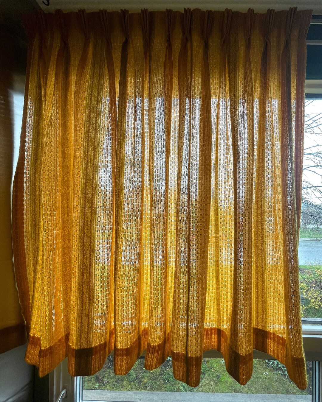 Vintage 70s Pleated Curtain, Yellow Orange Striped Woven Panel, 1970s ...