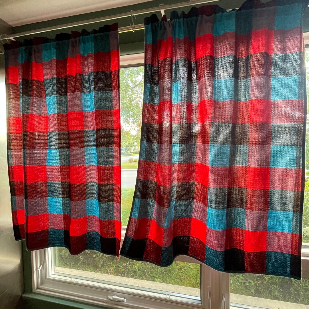 Vintage 1980s Plaid Curtain, Bold Colors, Blue, Red and Black Checkered ...