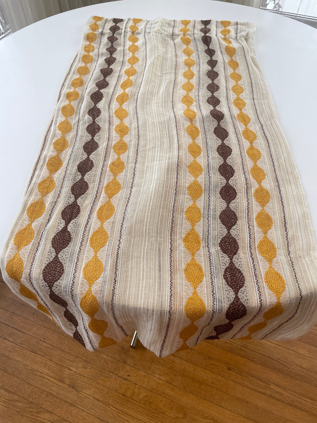 Vintage 70s Net Woven Curtain, Tan Brown and Orange Striped Panel ...