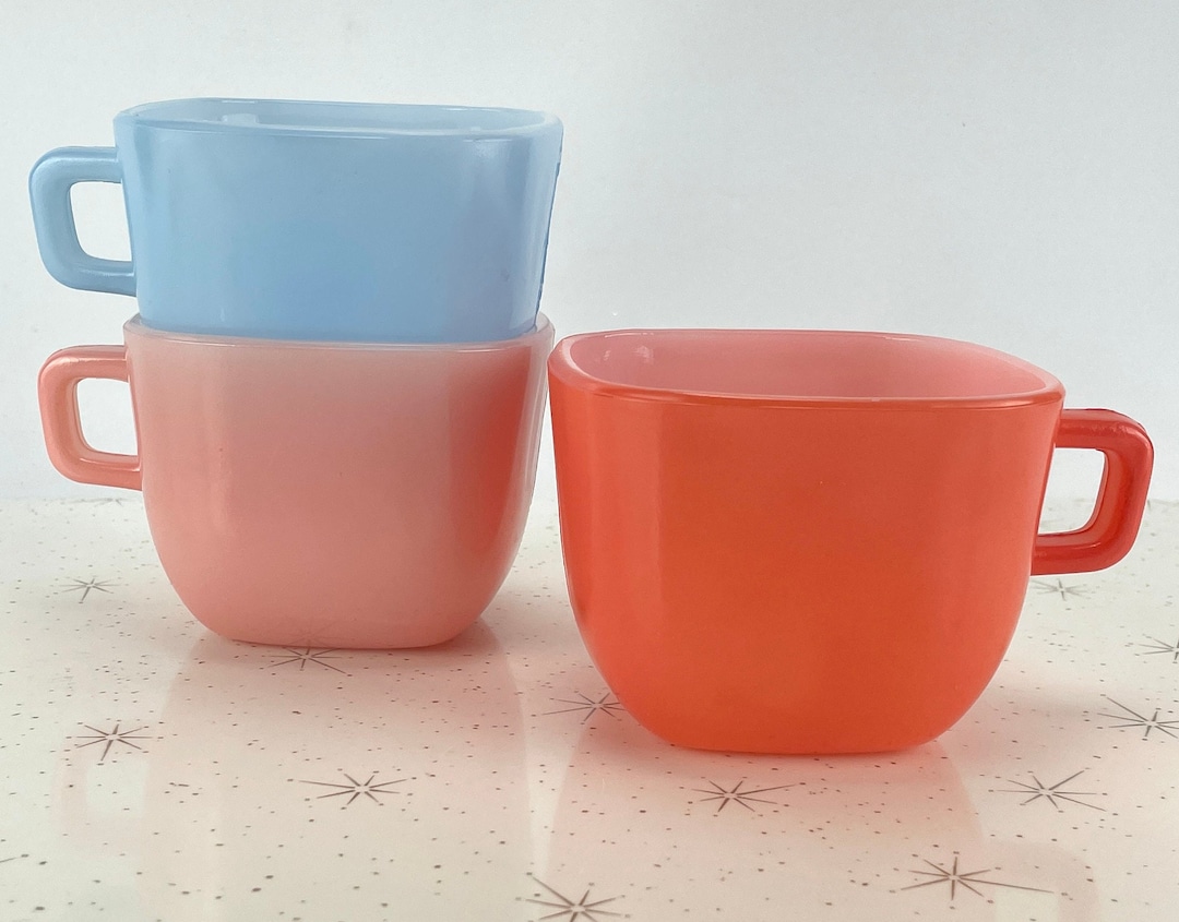 Vintage Glasbake Mugs, Square Soup Mugs, Retro Kitchen, Colored Milk ...