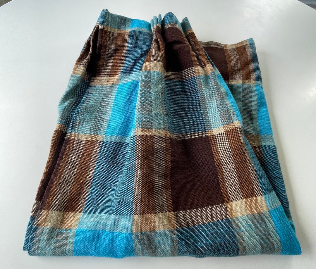 Vintage 80s Curtain, Blue Brown Tan Bold Plaid, Checkered 1980s Window ...