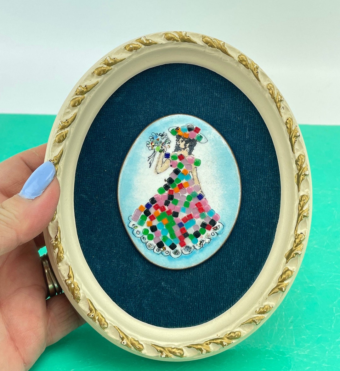 Vintage 70s Enamel on Copper Artwork, Lady With Mosaic Dress, Velvet ...