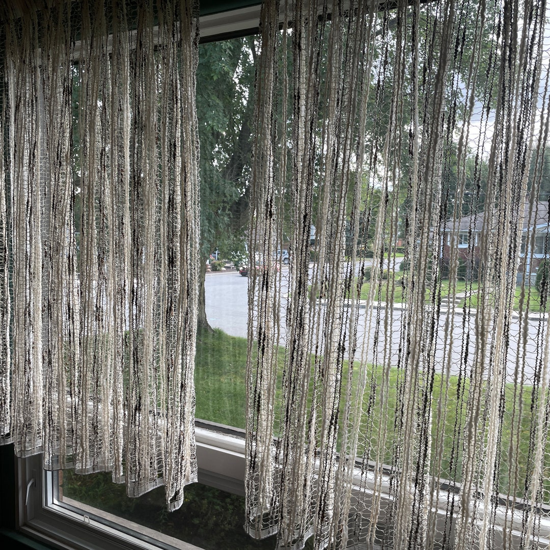 Vintage 70s Net Woven Curtains, White, Tan and Brown, 1970s Window ...