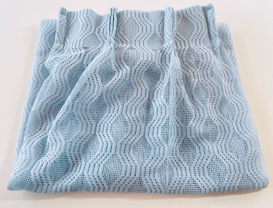Vintage 80s Pleated Curtain, Light Blue Mesh, Net Woven Single Panel ...