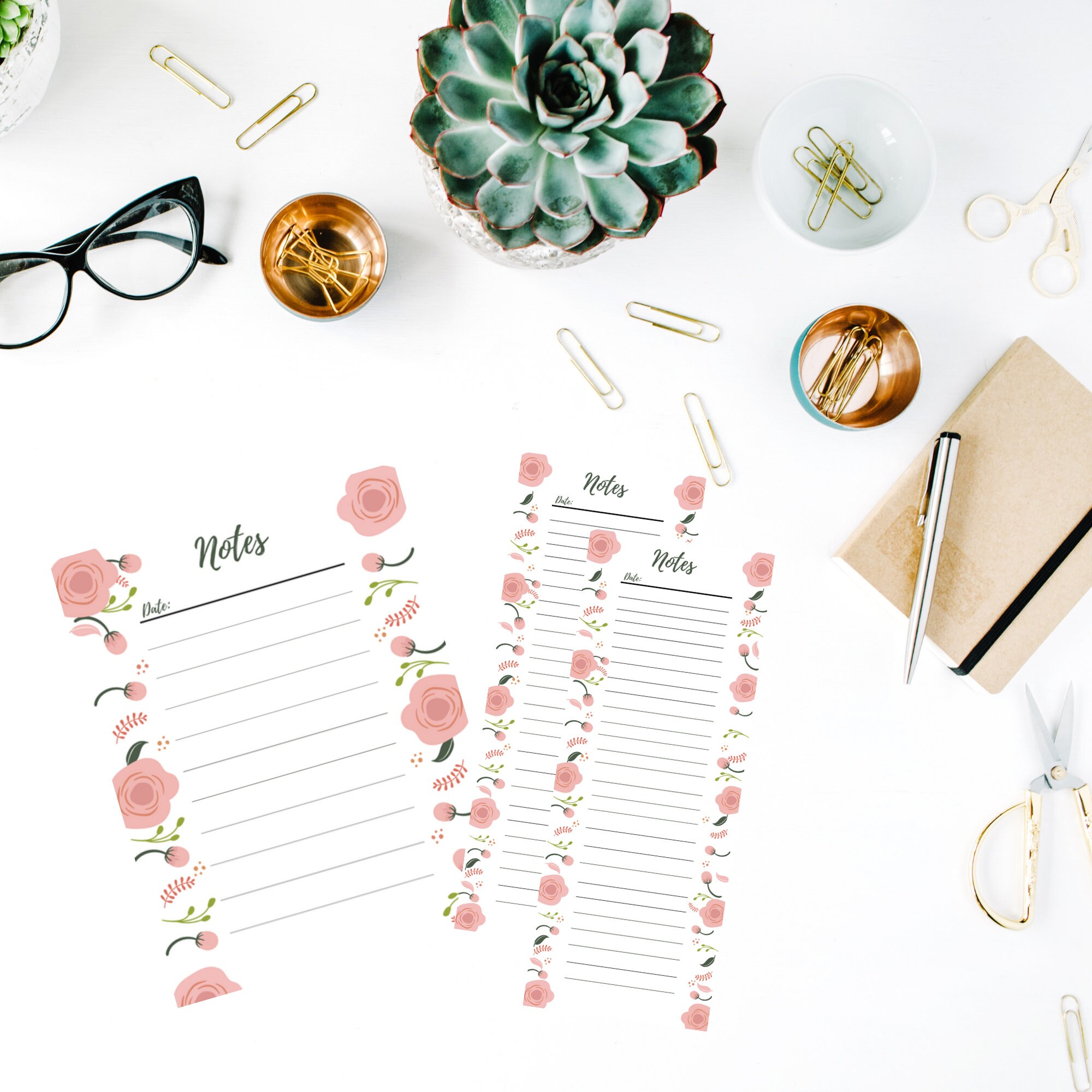 Clean Simple Floral Pink Notes-us Letter, A4, A5 and Bonus Long ...