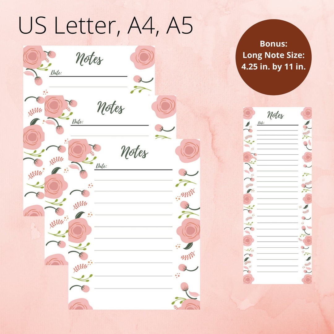 Clean Simple Floral Pink Notes-us Letter, A4, A5 and Bonus Long ...
