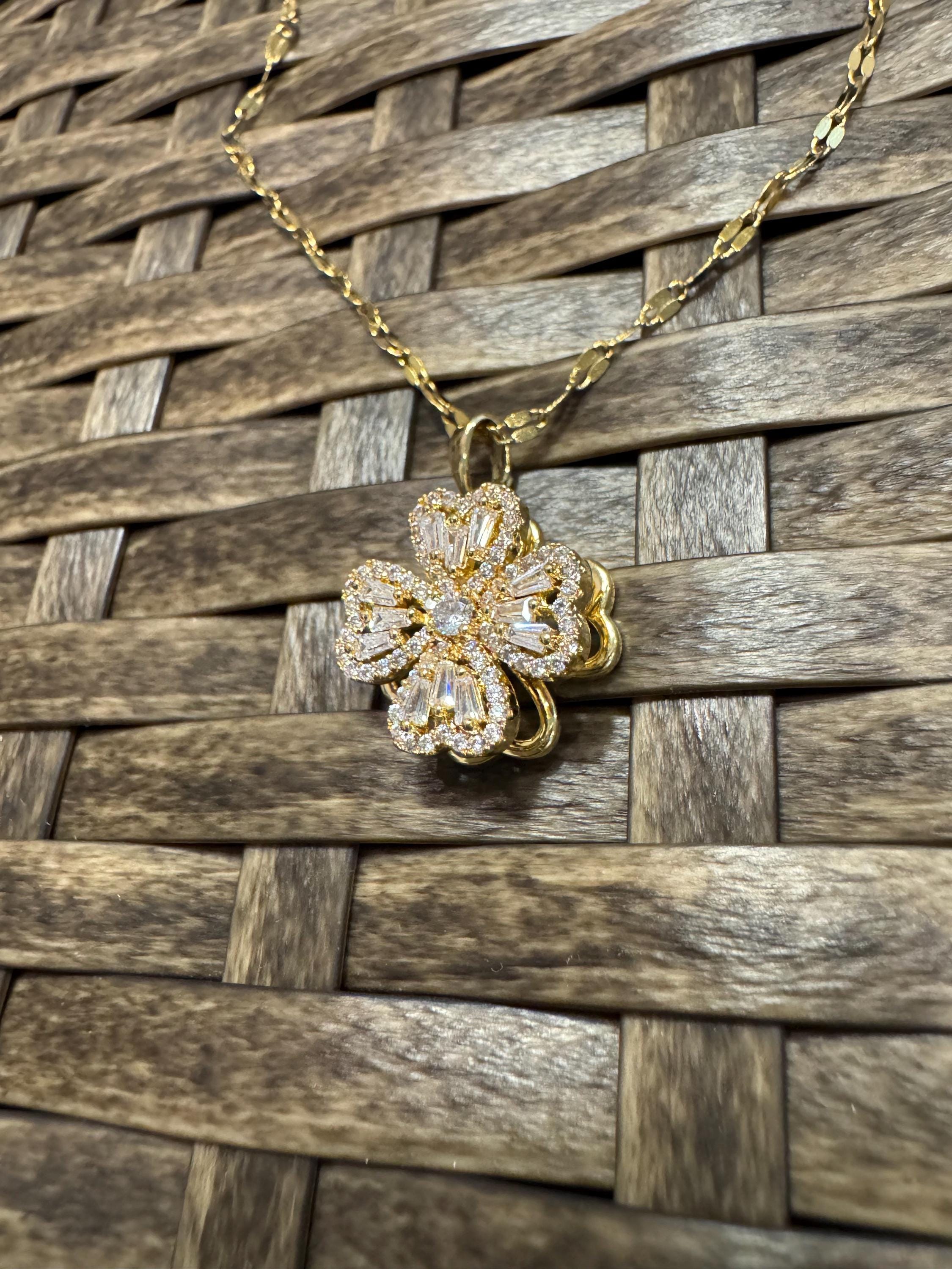 Gold Spinning Clover (type #1) Necklace With Cubic Zirconia – Anxiety ...