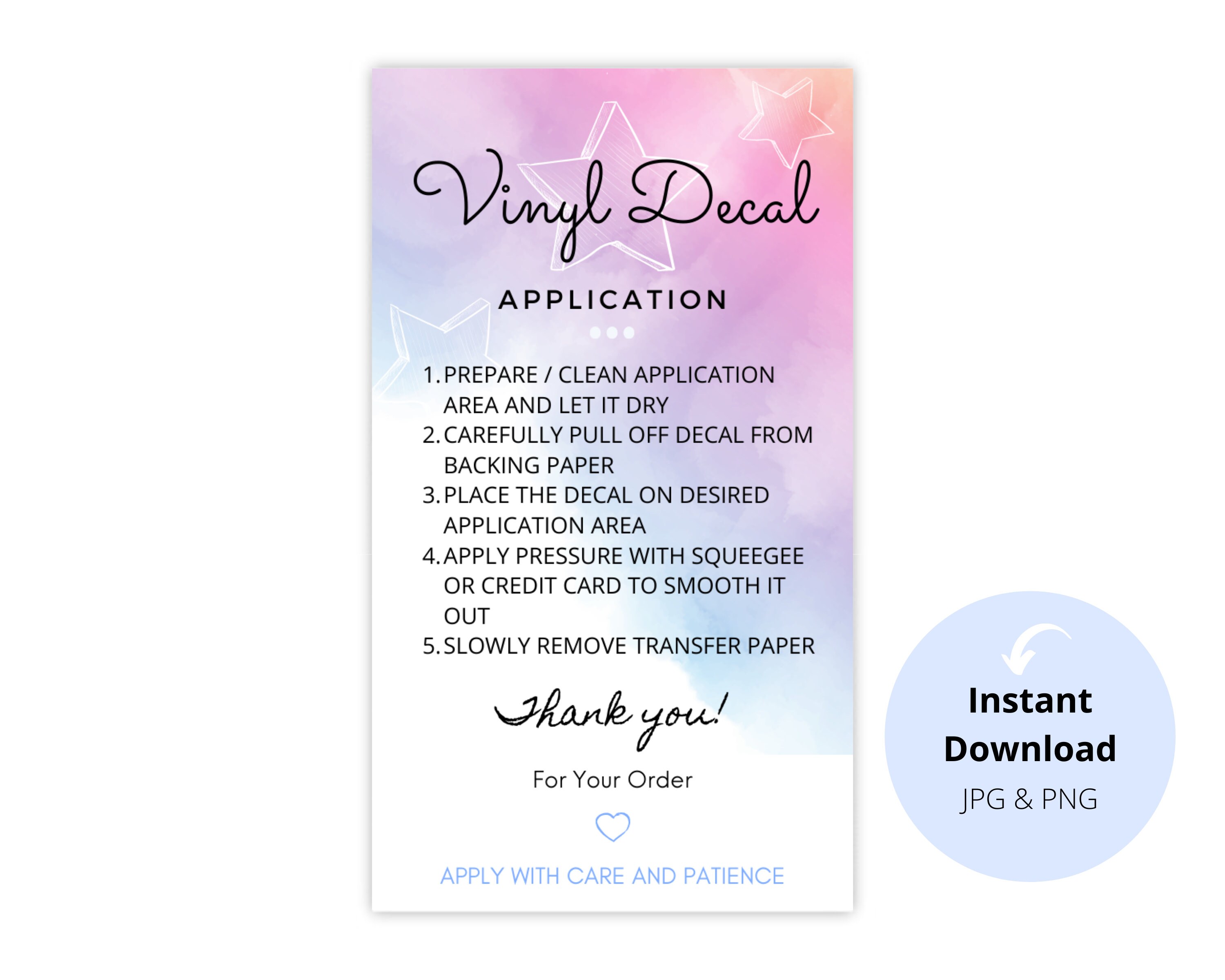 Rainbow Vinyl Decal Application Card Digital Print Decal Application Guide Seller Customer ...