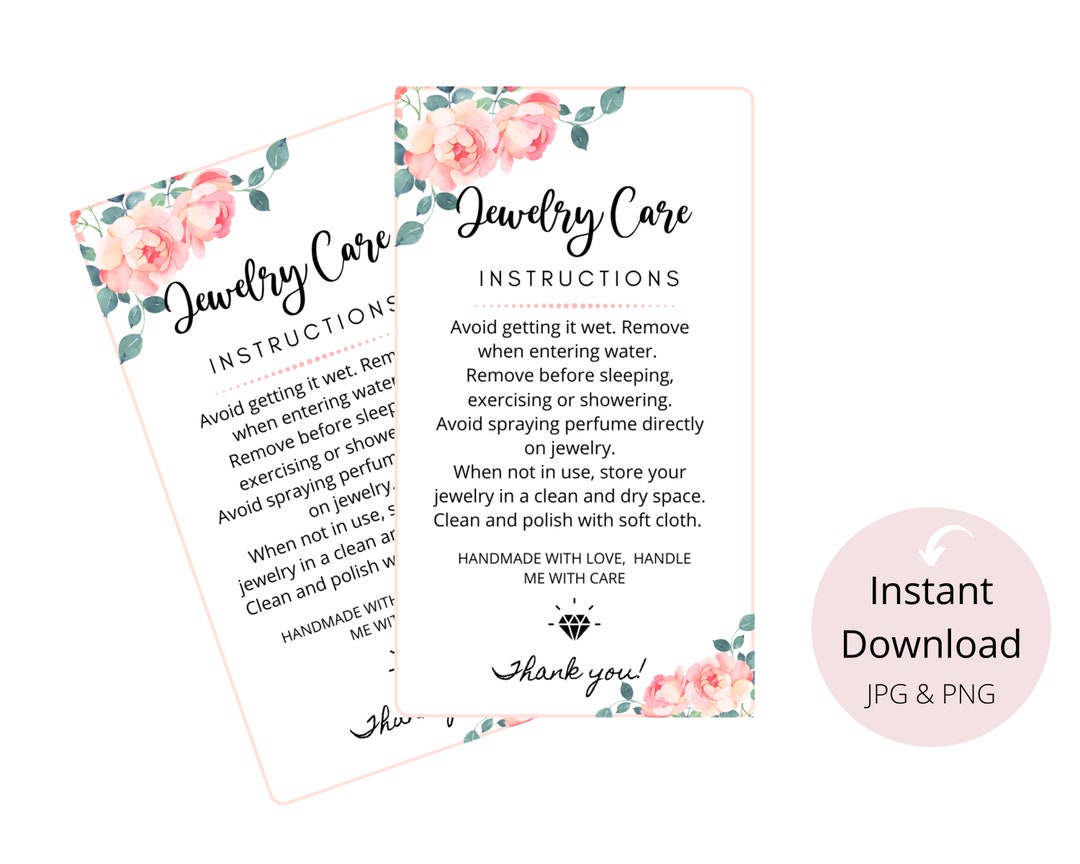 Jewelry Care Card READY TO PRINT Digital Files - Printable Jewelry Care ...