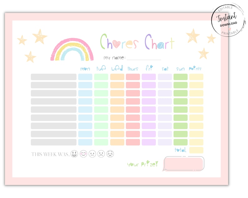 Colorful Kids Chore Chart: Editable Responsibility Chart (printable PDF ...
